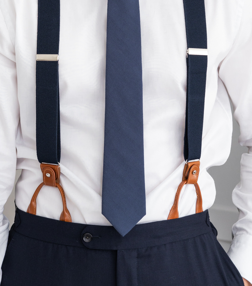 Navy blue men's suspenders with brown loops | bubibubi.store