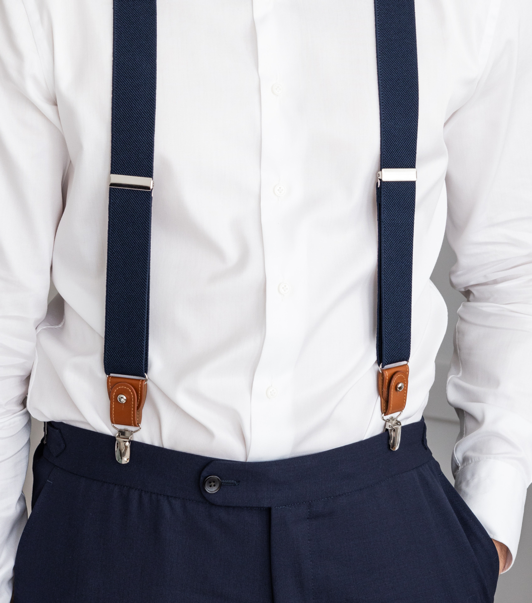 Navy blue men's suspenders with brown loops | bubibubi.eu