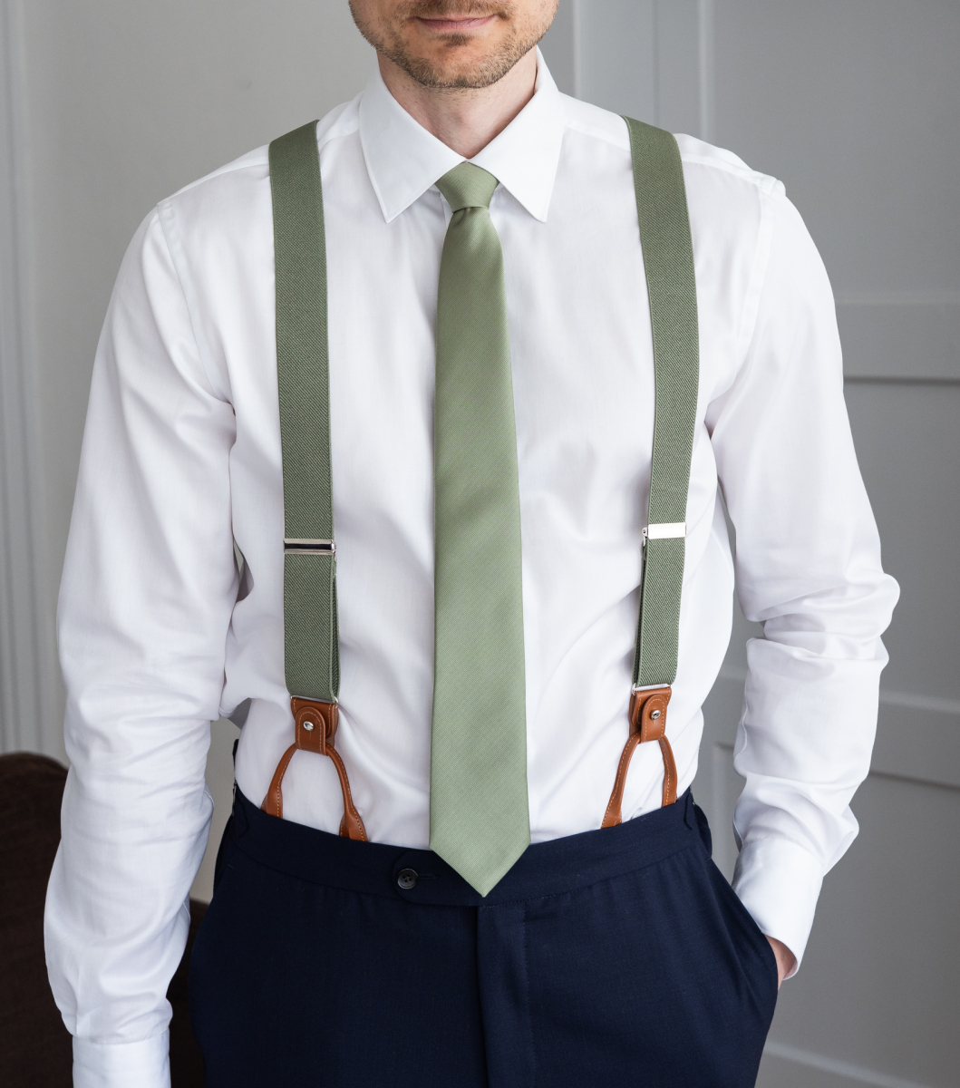 Sage Green men's suspenders with brown loops | bubibubi.eu