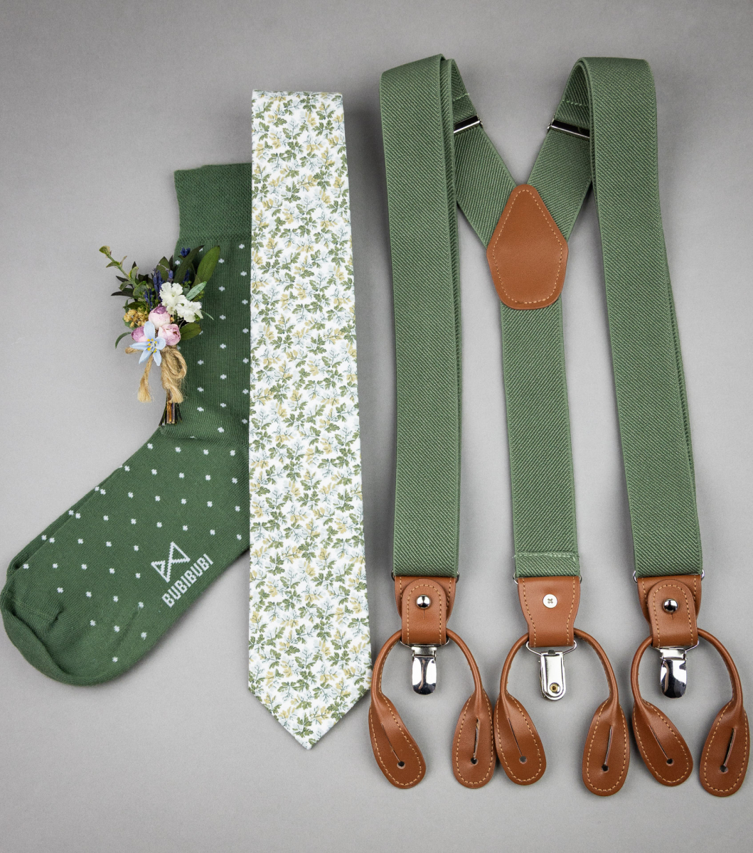 Sage Green men's suspenders with brown loops | bubibubi.eu