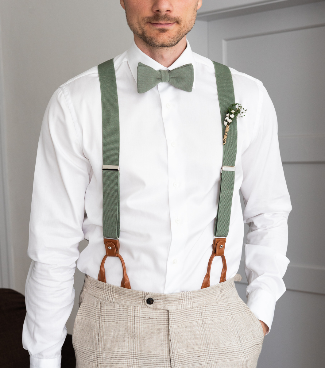 Sage Green men's suspenders with brown loops | bubibubi.store