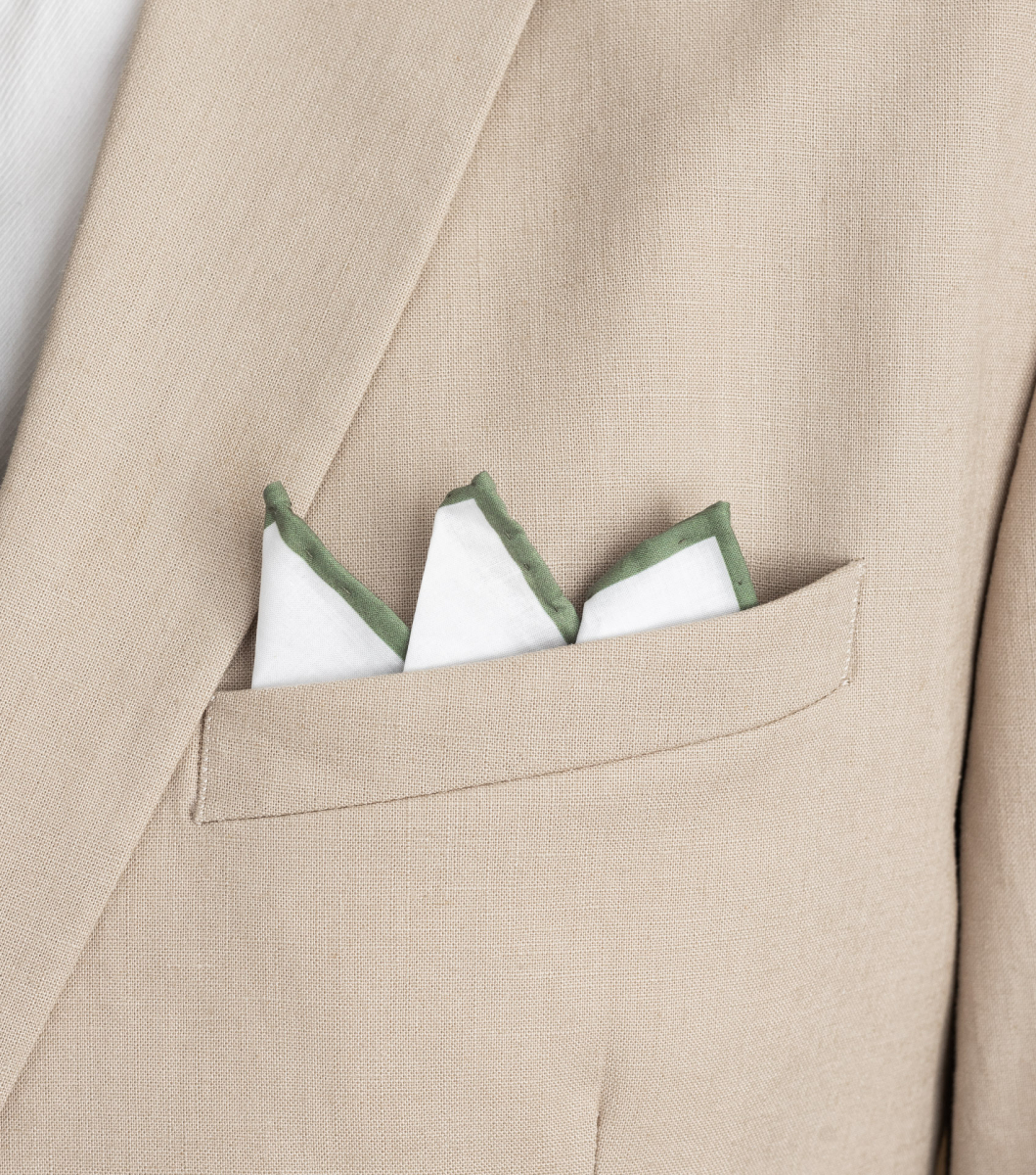 White pocket square with sage green edge | bubibubi.store