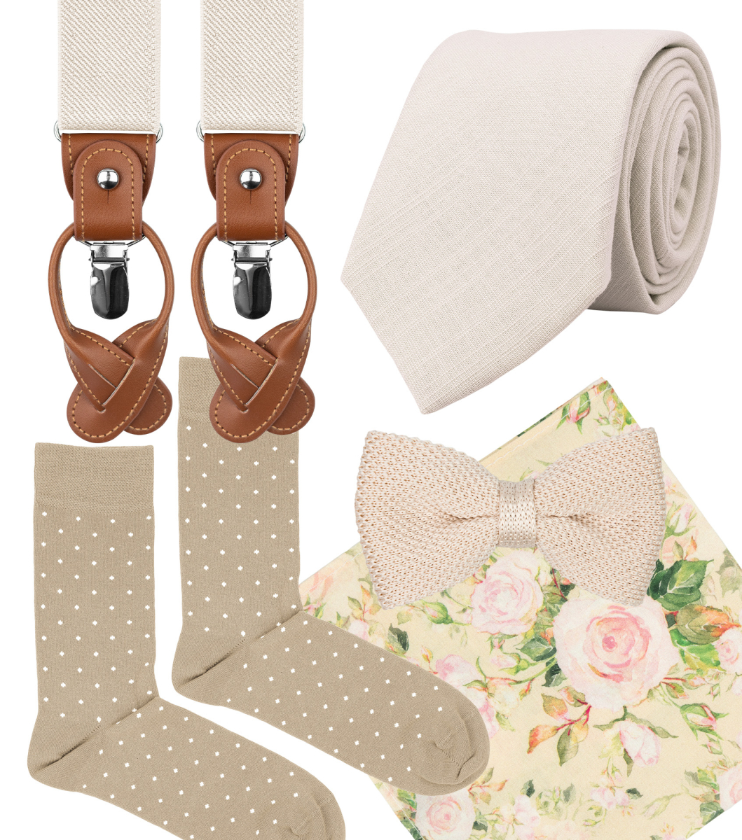 Krémová sada Ivory s kravatou, motýlikom a trakmi | bubibubi.sk