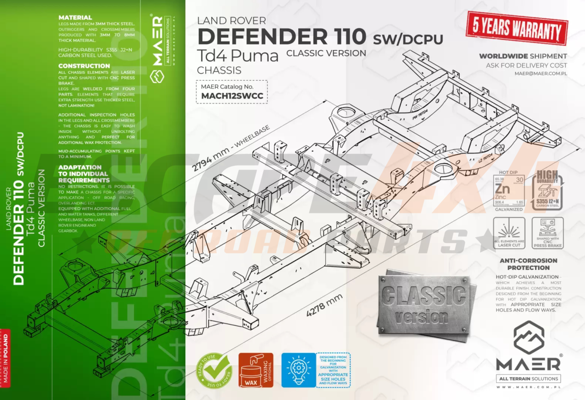 Rám Classic Land Rover Defender 110 Td4 Puma SW/DCPU | Escape4x4.cz